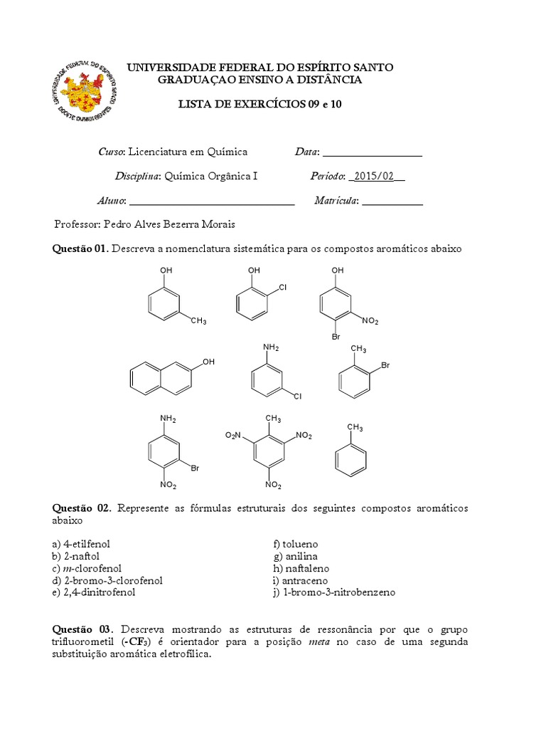 Lista de Exercícios 09 e 10 QO I | PDF | Aromaticidade | Benzeno