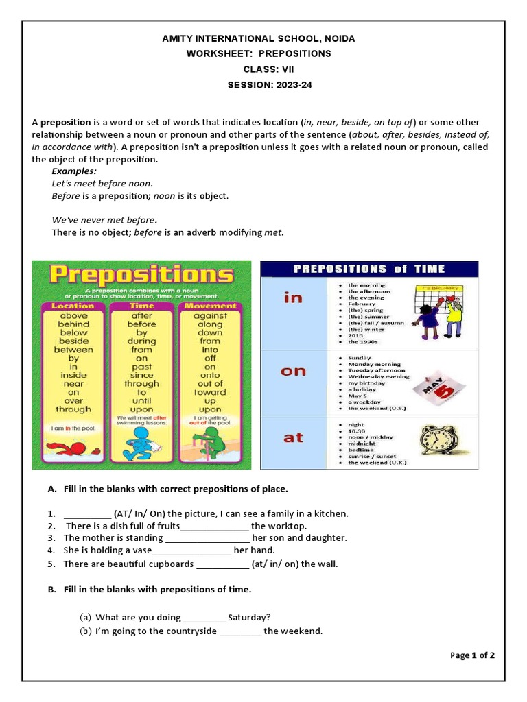 Examples:: Amity International School, Noida Worksheet: Prepositions Class: Vii SESSION: 2023-24 ...