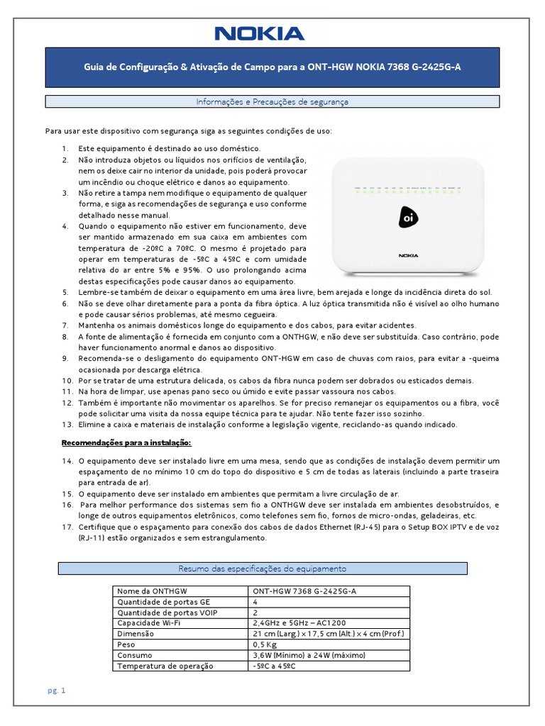 Nokia G2425ga Manual | PDF | Wi-Fi | Roteamento