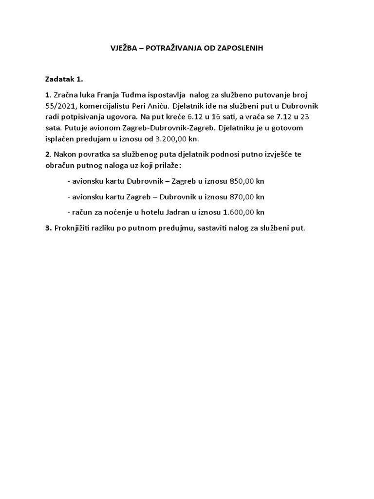 Zadatak - obracun putnih naloga.docx | PDF
