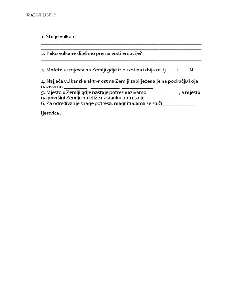 Radni Listic Vulkanizam I Seizmizam | PDF