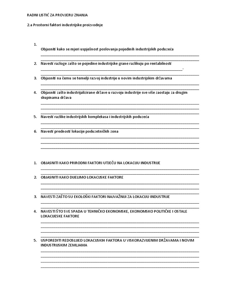 Radni Listic Prostorni Faktori Industrijske Proizvodnje | PDF