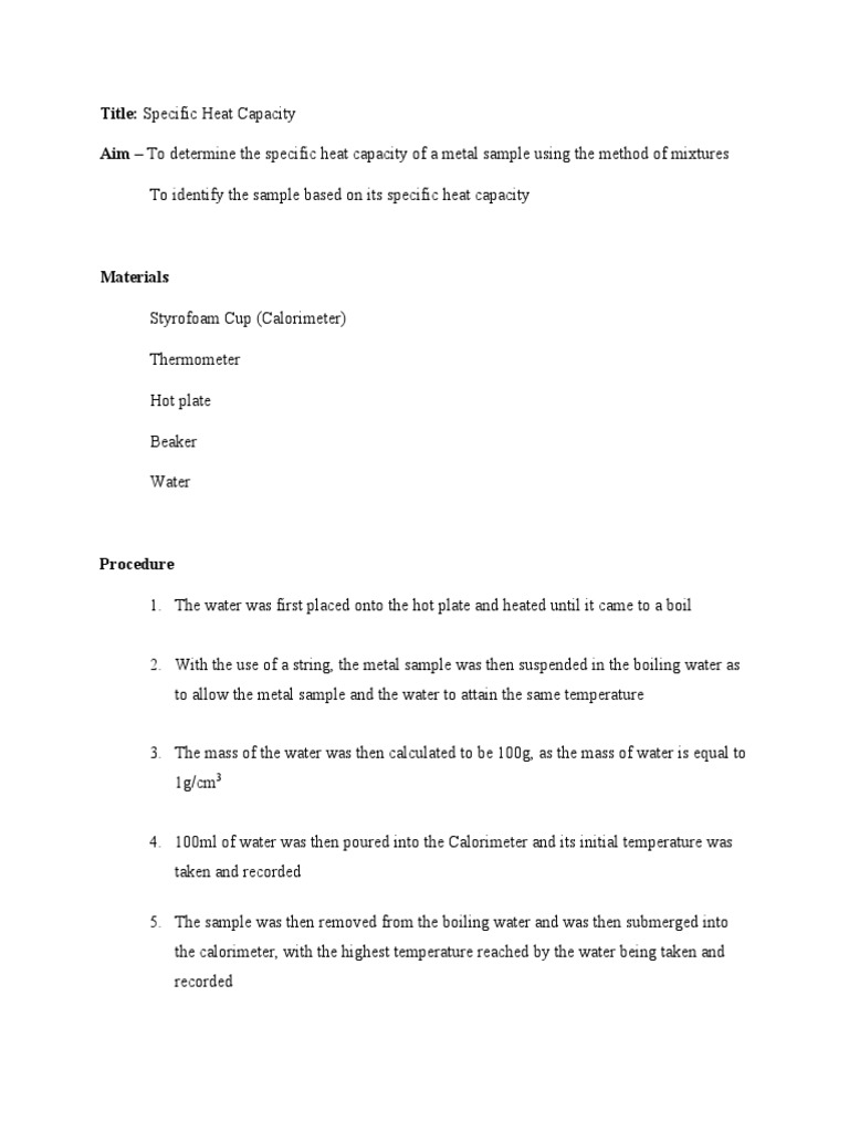 Specific Heat Capacity Lab | PDF | Science & Mathematics | Technology ...