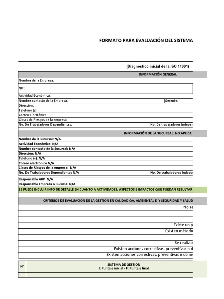 Diagnostico Inicial Iso 14001 2015 | Descargar gratis PDF | Planificación | Evaluación