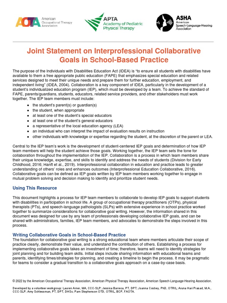 Joint Statement On Interprofessional Collaborative Goals in School ...