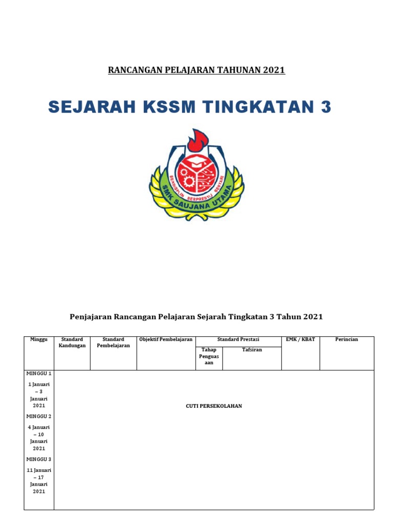 RPT 2021 Sejarah Tingkatan 3 SMKSU | PDF