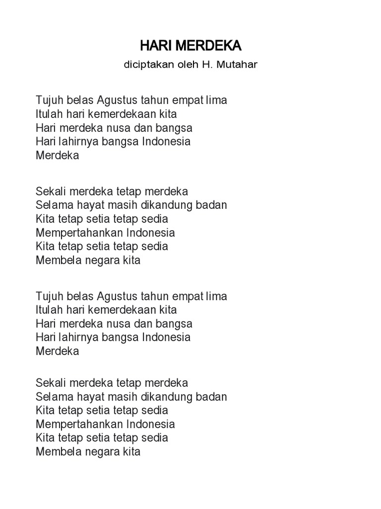 Lirik Lagu Hari Merdeka oleh H. Mutahar | PDF | Perjalanan | Kajian ...
