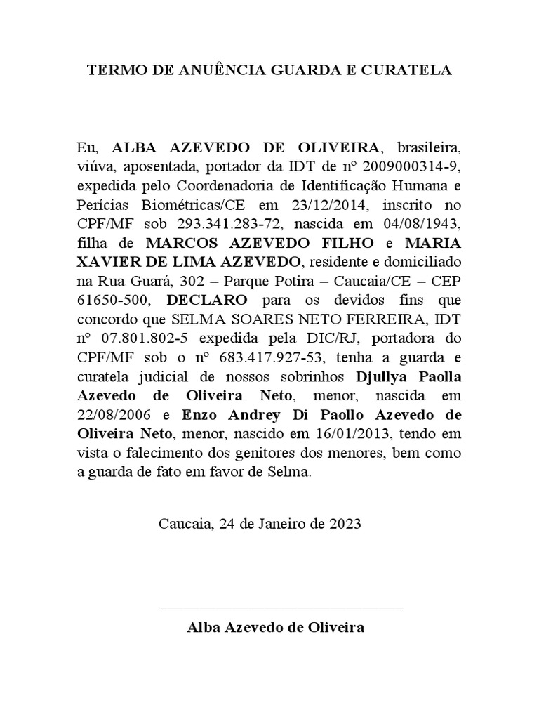 Termo de Anuência de Curatela e Guarda | PDF | Direito | Estilo de vida
