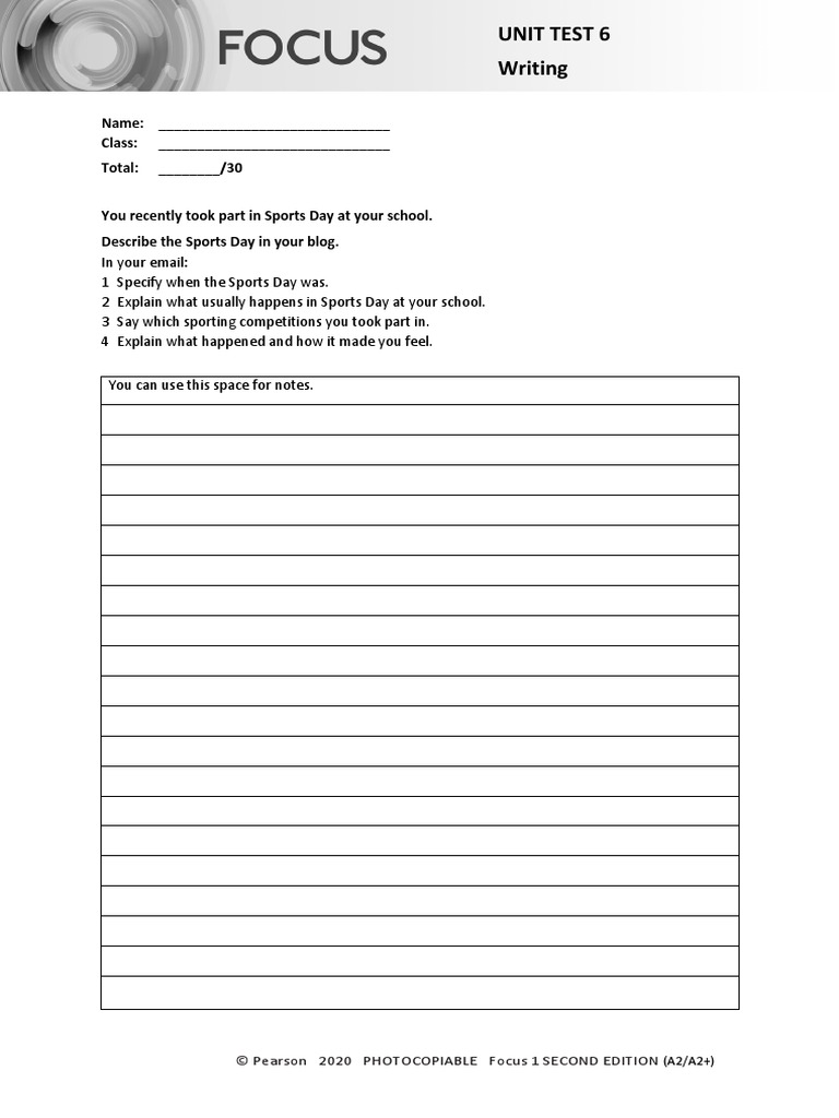 Focus1 2E Unit Test Writing Unit6 | PDF