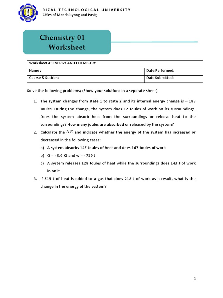 Chemistry Worksheet | PDF