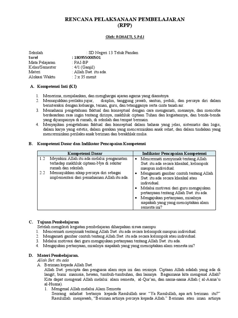 RPP Pai Kelas 4 Ganjil 2022 | PDF