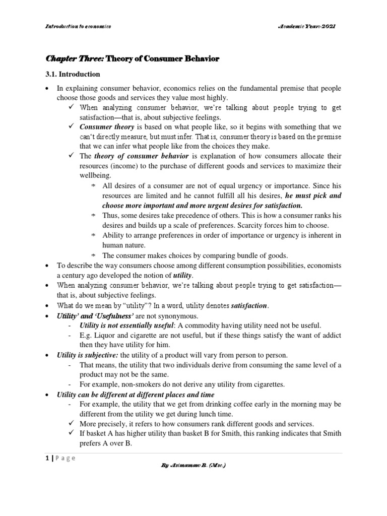 Chapter Three - Theory of Consumer Behavior | PDF | Utility | Microeconomics