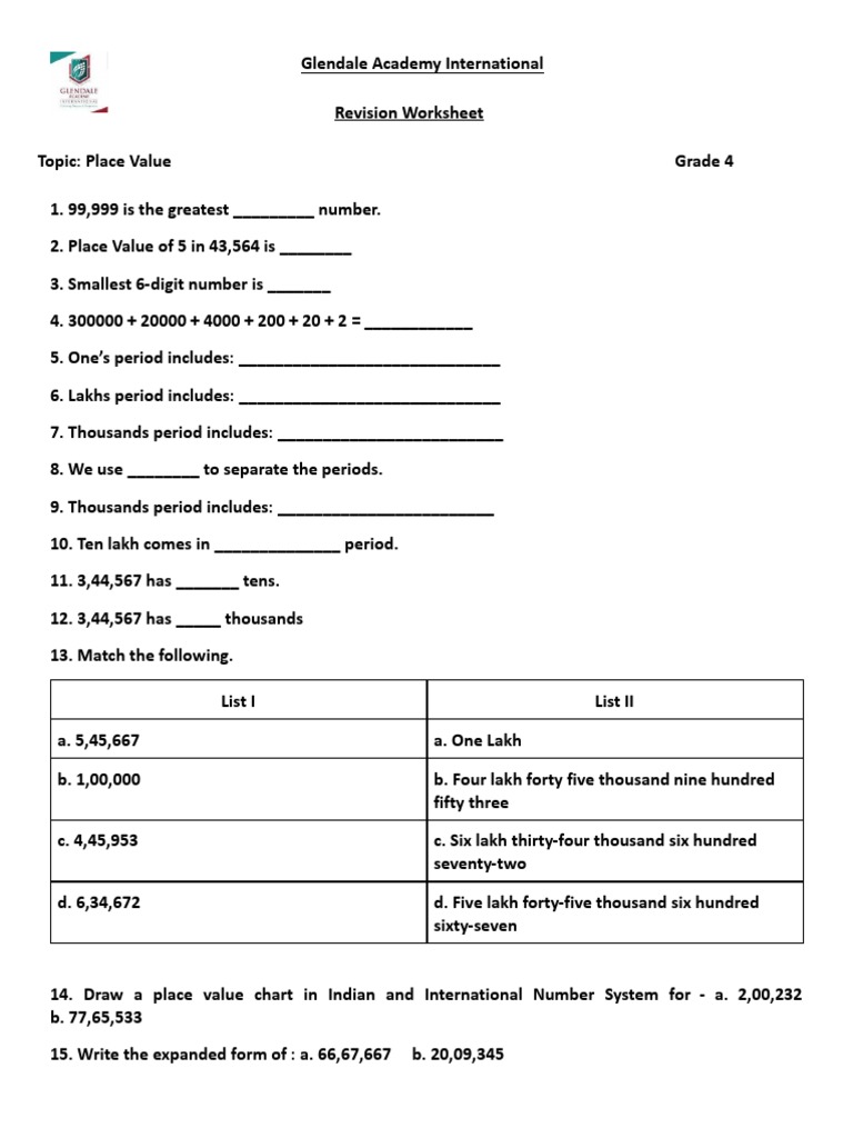 Grade 4 Place Value Revision Worksheet | PDF | Mathematical Notation ...