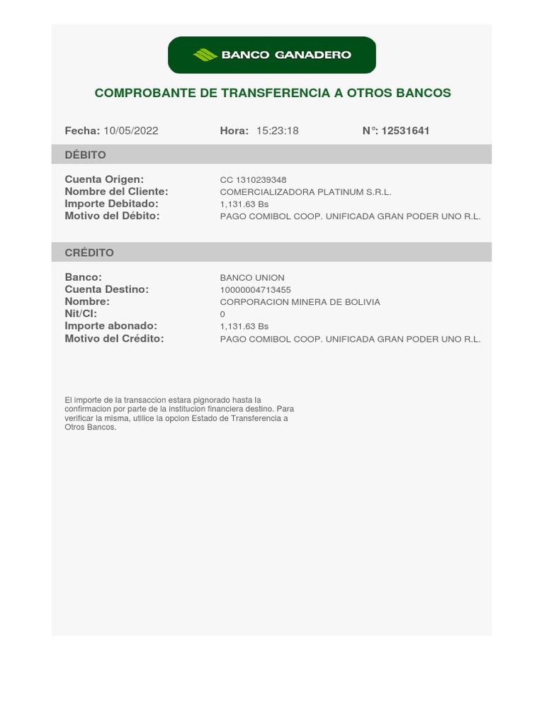 Comprobante de Transferencia A Otros Bancos | PDF