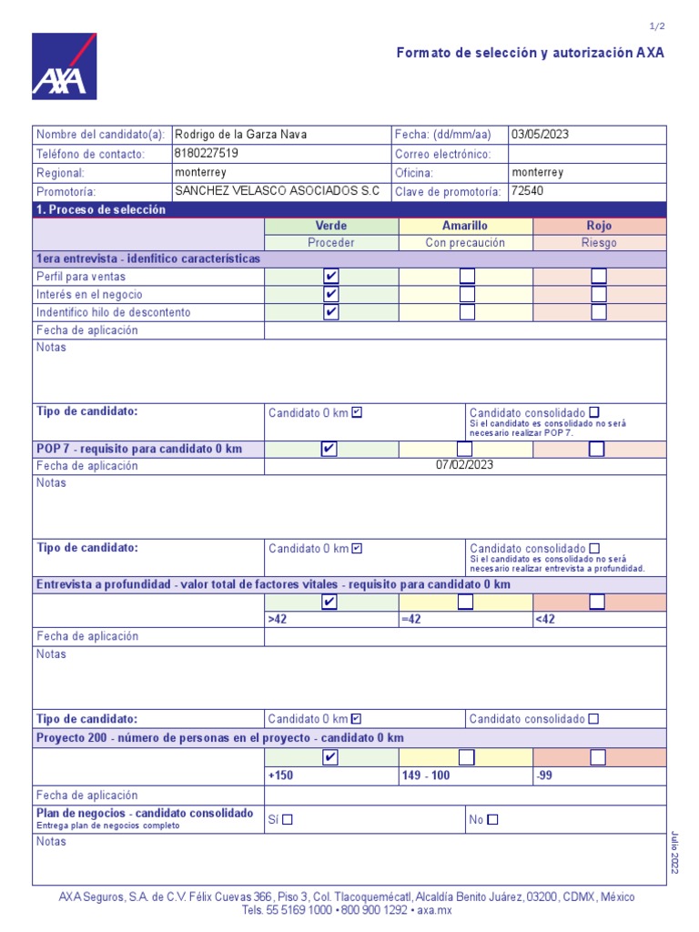 Formato de Seleccion y Autorizacion Por Funcionario Comercial AXA-signed Rodrigo de La Garza PDF ...