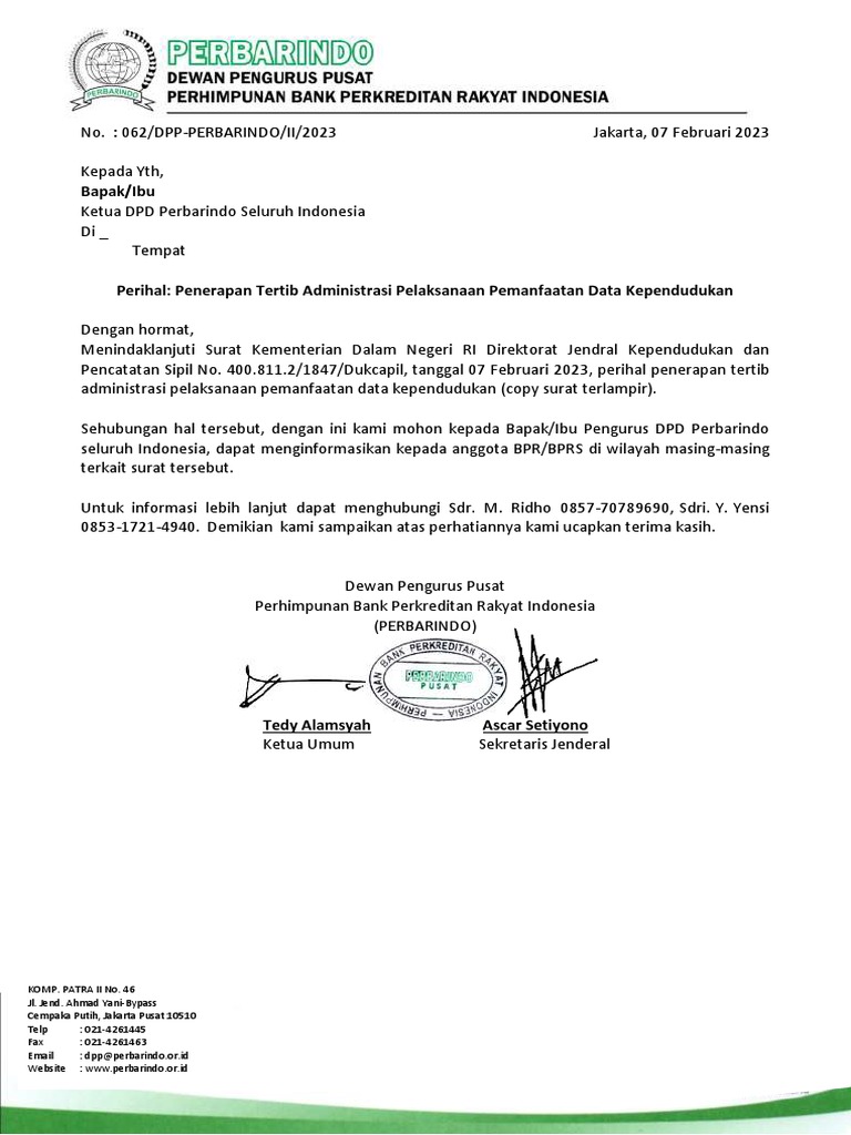 Surat DPP Untk DPD Perbarindo Selindo - Ok | PDF