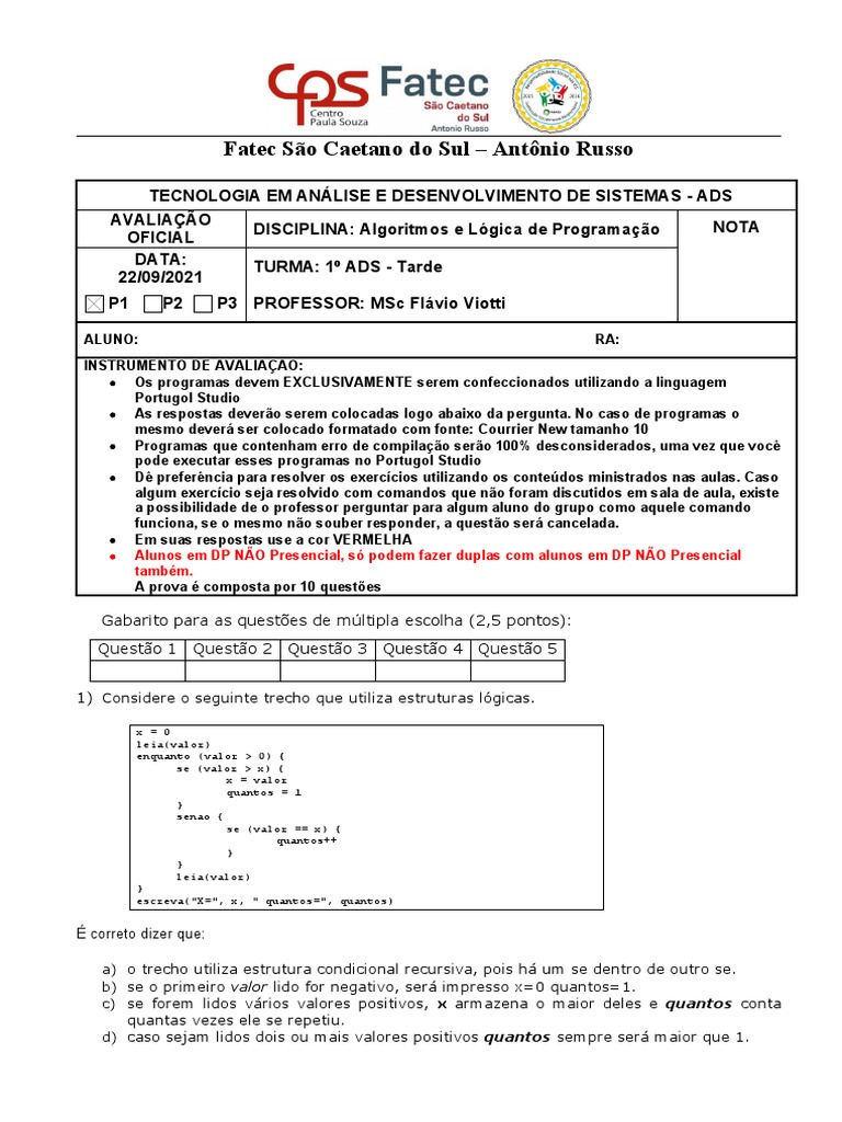 Prova N1 - Algoritmos | PDF | Algoritmos | Matemática