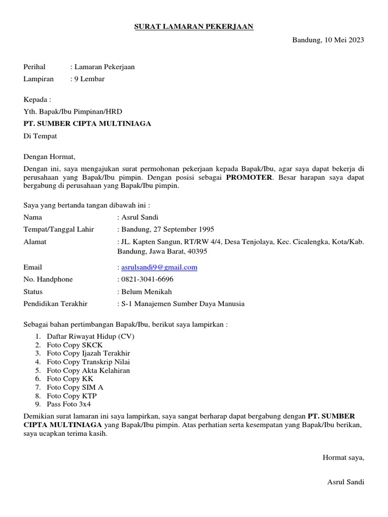 Surat Lamaran Kerja SCM Asrul Sandi | PDF