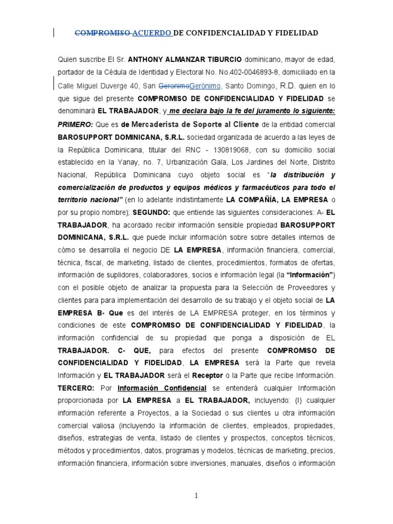 Compromiso de Confidencialidad ANTHONY ALMANZAR | PDF