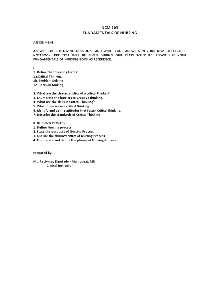 NCM 103 Assignment Nursing Process 2023 | PDF