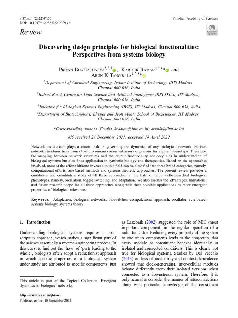Review: Discovering Design Principles For Biological Functionalities: Perspectives From Systems ...