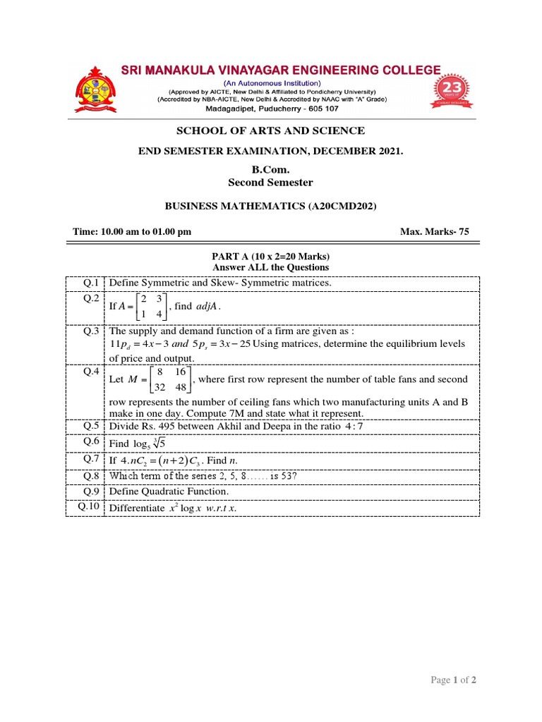B.Com Second Sem Business Mathematics Exam | PDF | Applied Mathematics ...