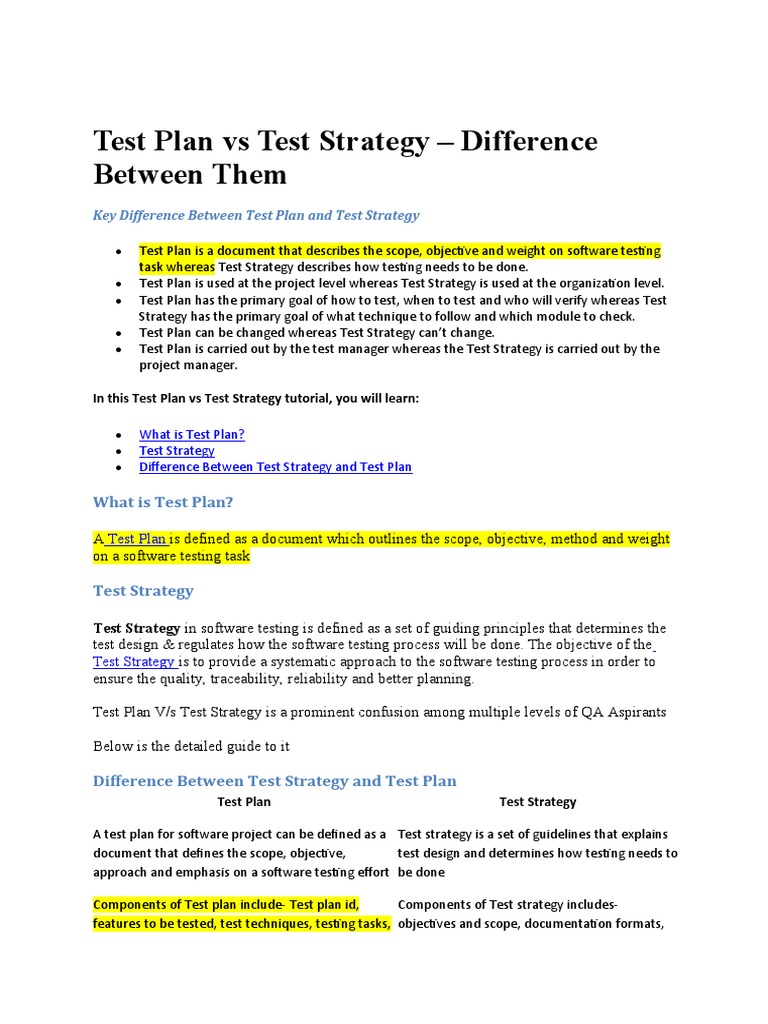 Test Plan Vs Test Strategy | PDF | Software Testing | Software Release ...