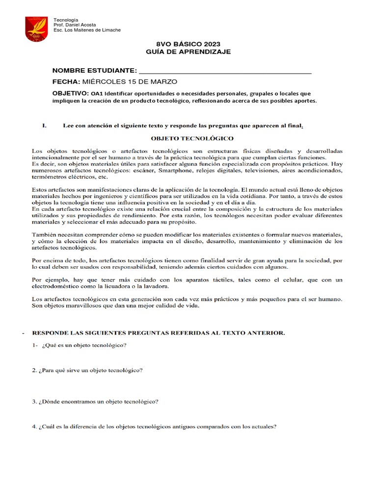 Guia de Aprendizaje 8vo Básico - Tecnología Oa01 - Mie 15 Mar 2023 | PDF