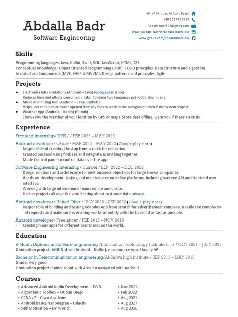 Abdalla Badr Software Engineer CV | PDF | Android (Operating System) | Mobile App