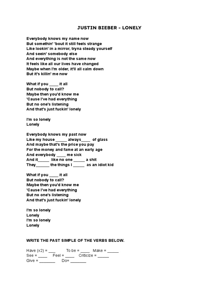 Justin Beiber - Lonely LETRA INGLES A1 | PDF