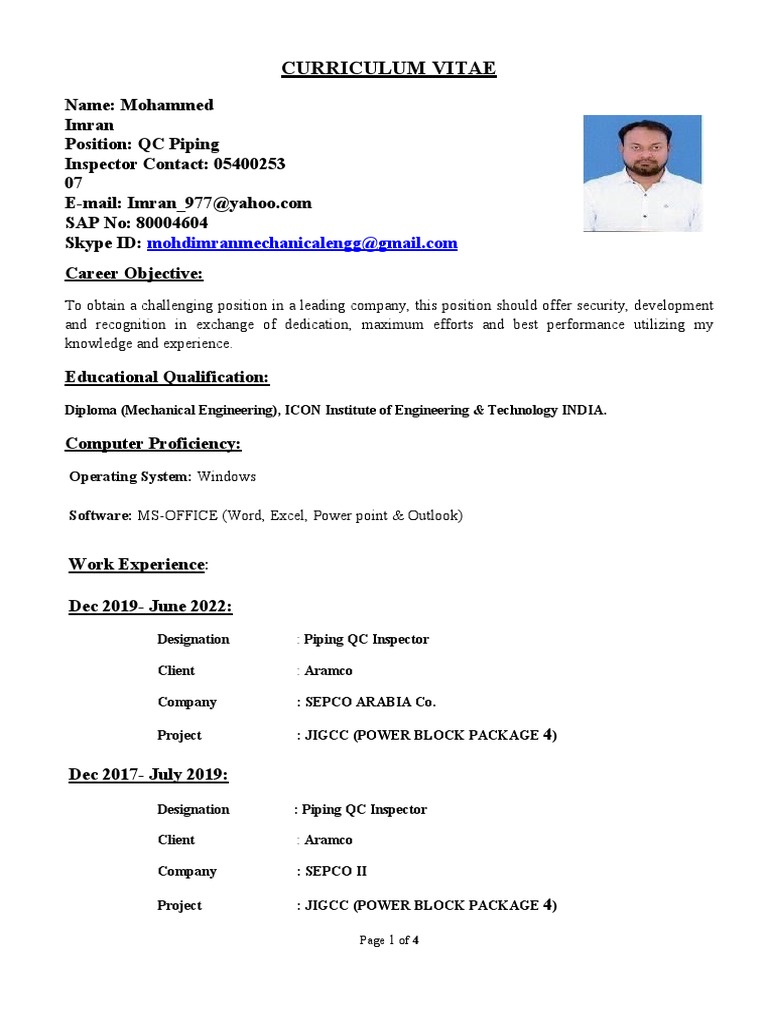 1 Imran Piping QC CV | PDF | Pipe (Fluid Conveyance) | Mechanical ...
