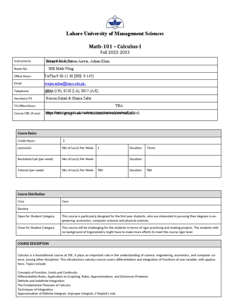Math 101 Calculus I Fall Semester 22 23 Pdf Integral Calculus