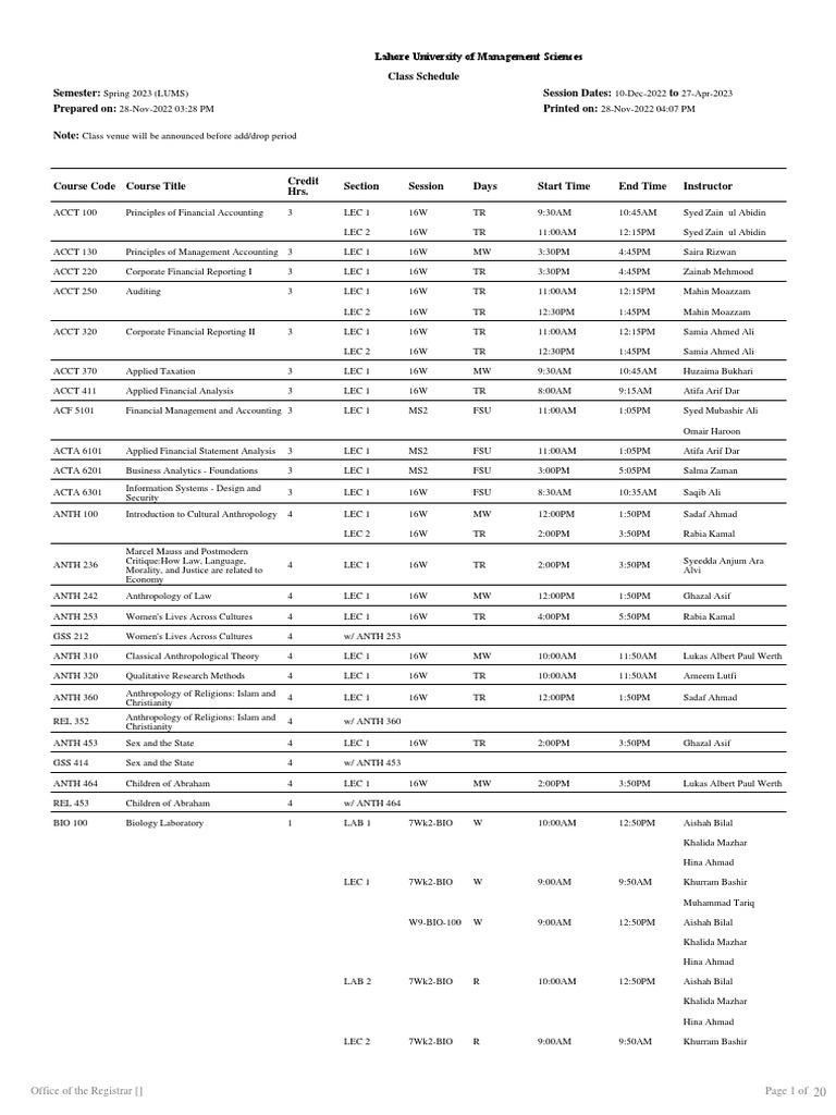 Spring Semester 2023 - Class Schedule | PDF