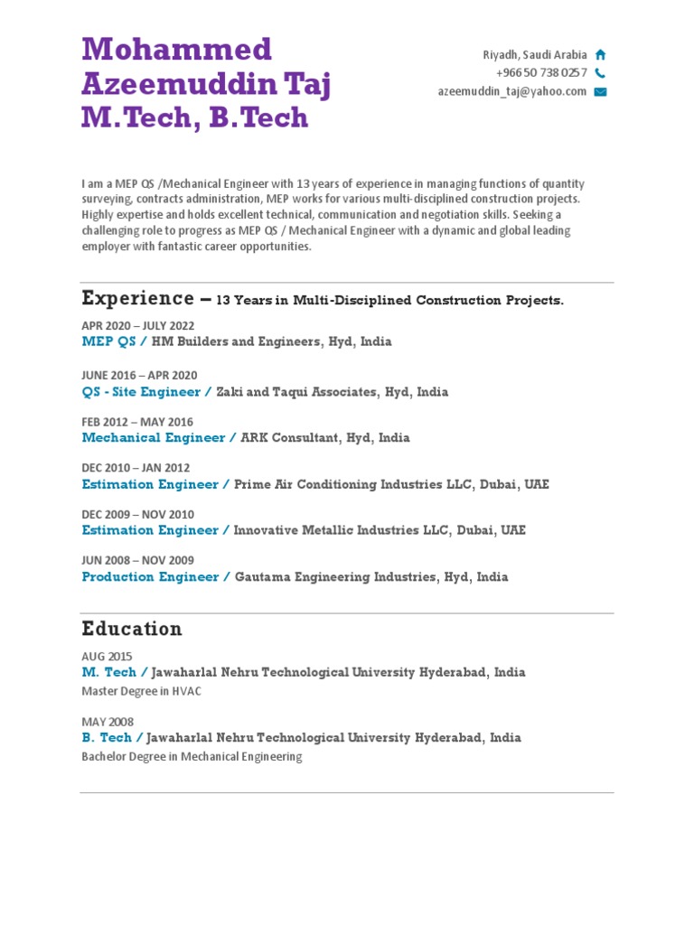 MEP QS/Mechanical Engineer Resume | PDF | Engineering