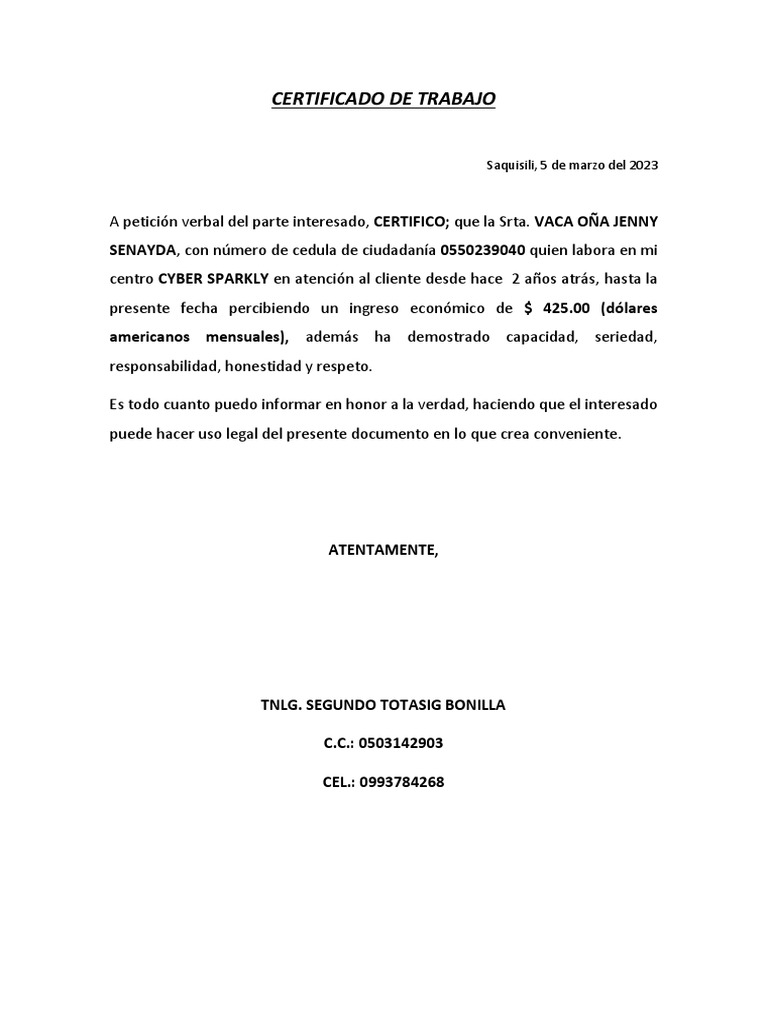 Certificado de Trabajo PDF | PDF