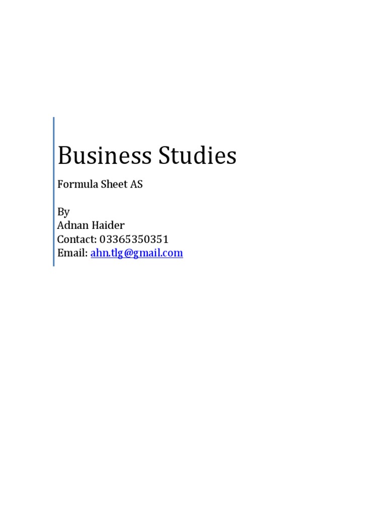 Business Studies Formula Sheet - AS PDF | PDF | Revenue | Cost
