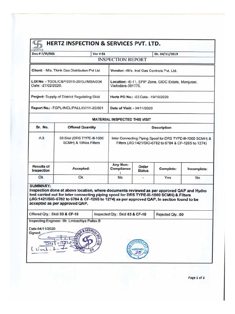 Hertz INspection and Services PVT LTD IRN | PDF