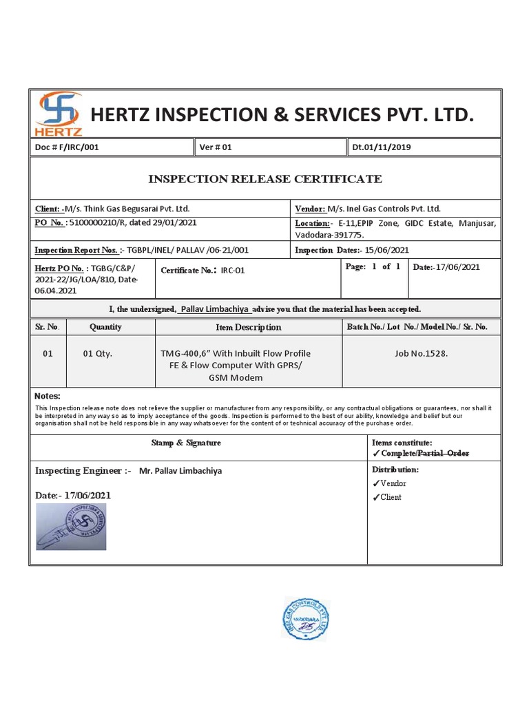 Hertz Inspection Service PVT LTD Irc1 | PDF | Calibration | General ...