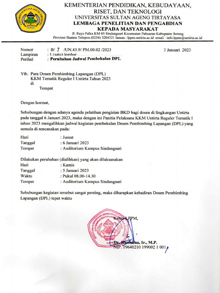 Surat Perubahan Jadwal Pembekalan DPL | PDF