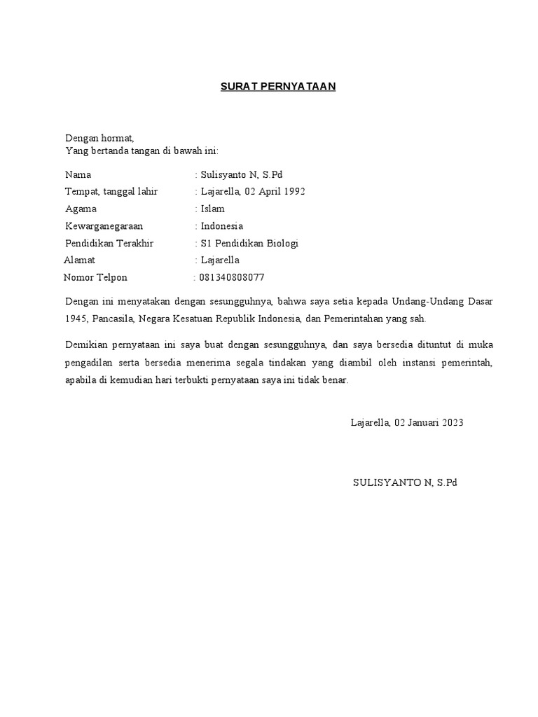 Contoh Surat Pernyataan Setia Kepada UUD 1945, Pancasila, NKRI, Dan ...