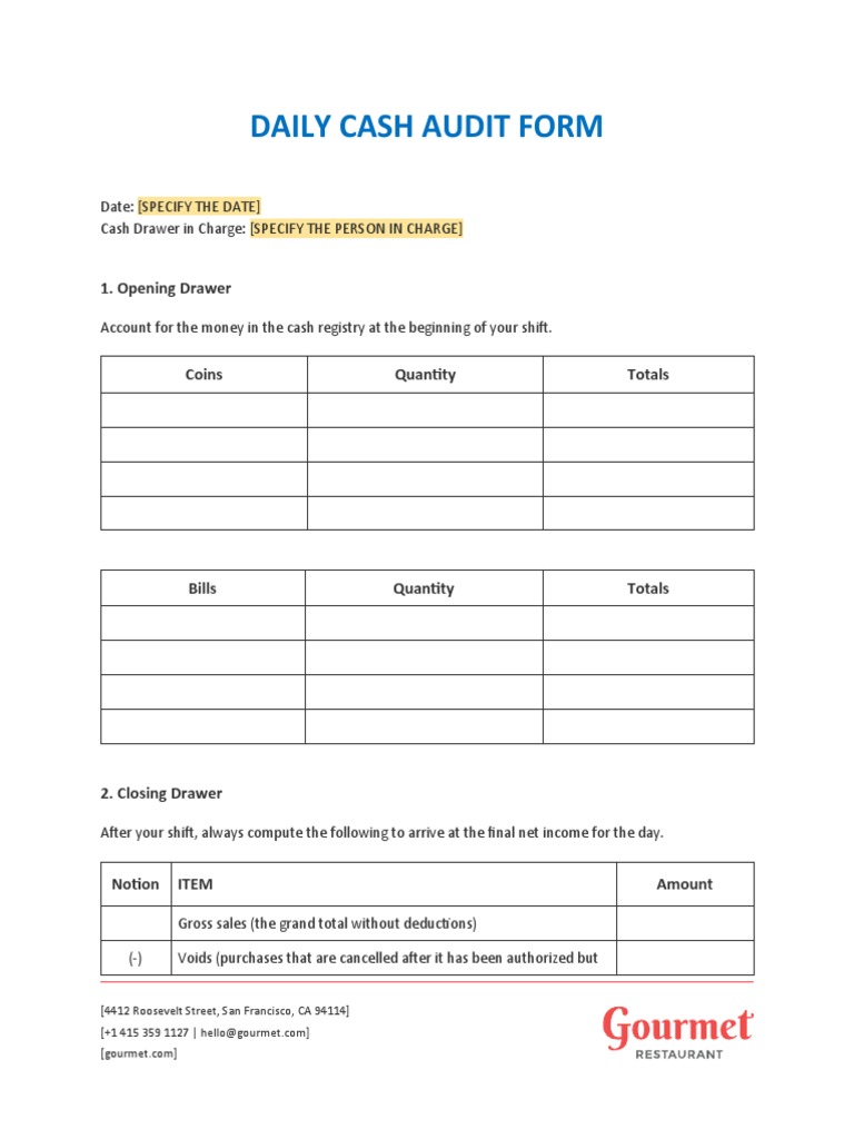 Restaurant Daily Cash Audit Form | PDF | Credit Card | Cash
