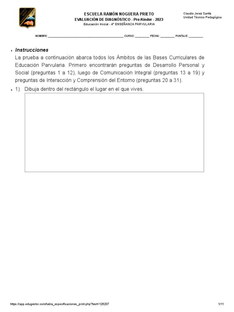 EVALUACIÓN DE DIAGNÓSTICO - Pre-Kinder - 2023 PDF | PDF | Métodos y ...