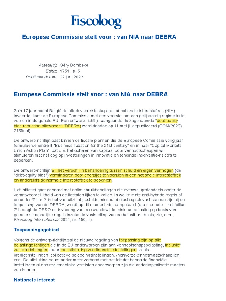 Europese Commissie Stelt Voor - Van NIA Naar DEBRA - Fiscoloog | PDF