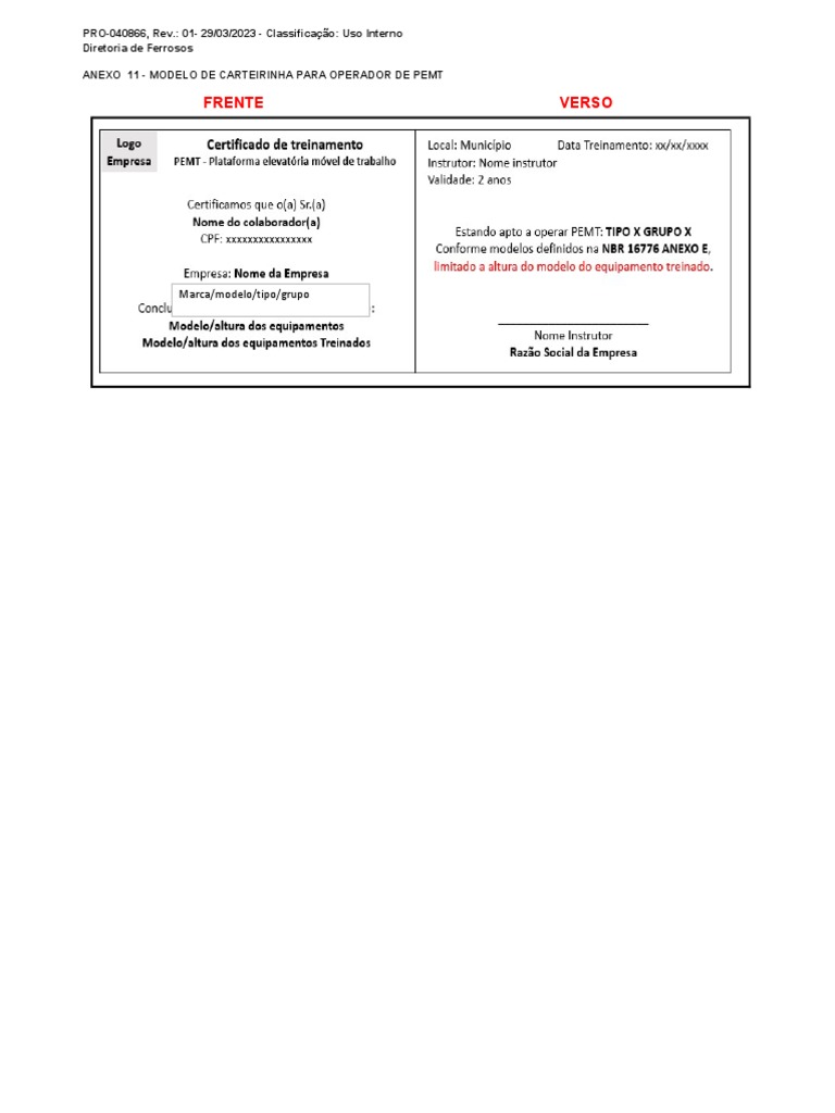 PRO-040866 - Anexo 11 - Modelo de Carteirinha para Operador de PEMT | PDF