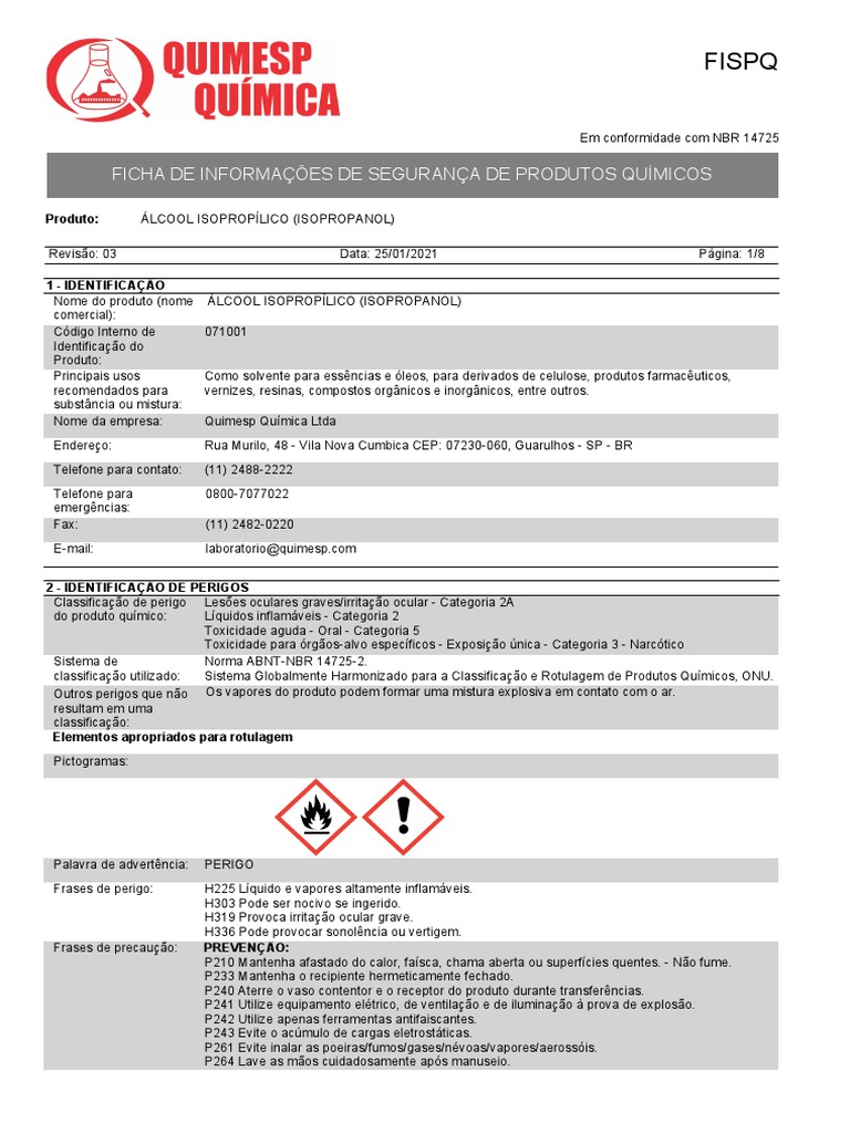 ÁLCOOL ISOPROPÍLICO (ISOPROPANOL) | PDF | Química | Embalagem e rotulagem