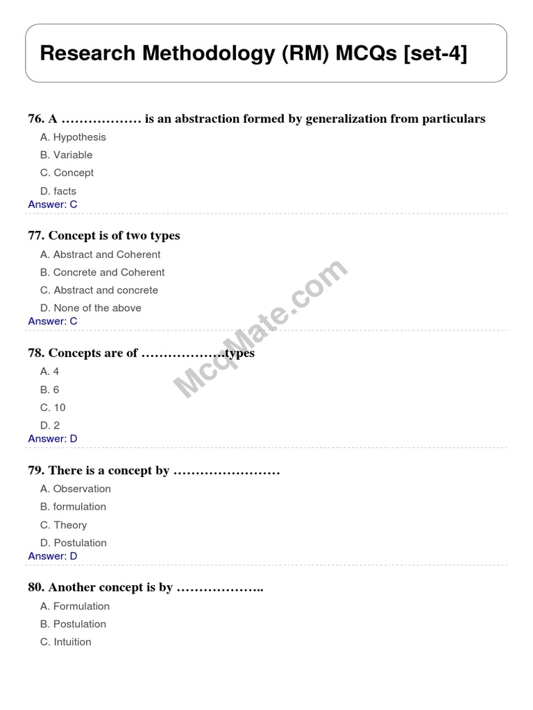 Research Methodology (RM) Solved MCQs (Set-4) | PDF | Hypothesis | Concept