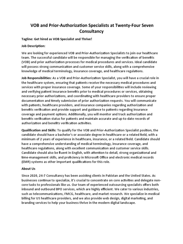 VOB and Prior-Authorization Specialists | PDF | Outsourcing | Electronic Health Record