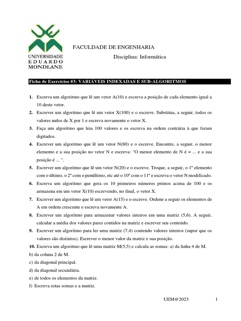 Ficha de Exerc 3 - Exercícios - Vectores - Subprogramas PDF | PDF | Matriz (Matemática) | Algoritmos