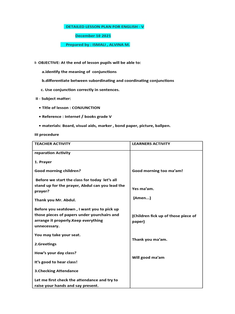 Conjunction lesson plan for pupils | PDF | Semantic Units | Language ...