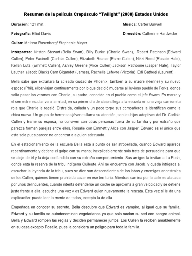Resumen de la película Crepúsculo | PDF
